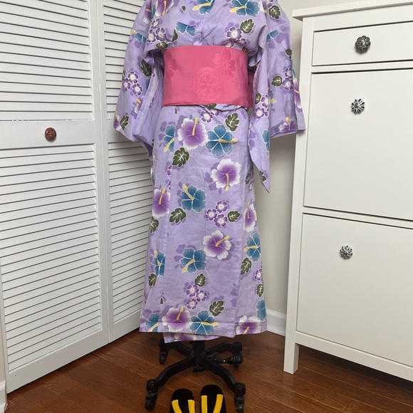 Kimonos & Yukatas | Floral Purple Yukata With Pink Obi | Poshmark
